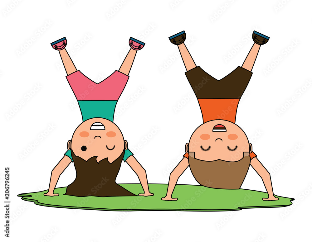 cartoon happy kids standing upside down in the grass over white ...