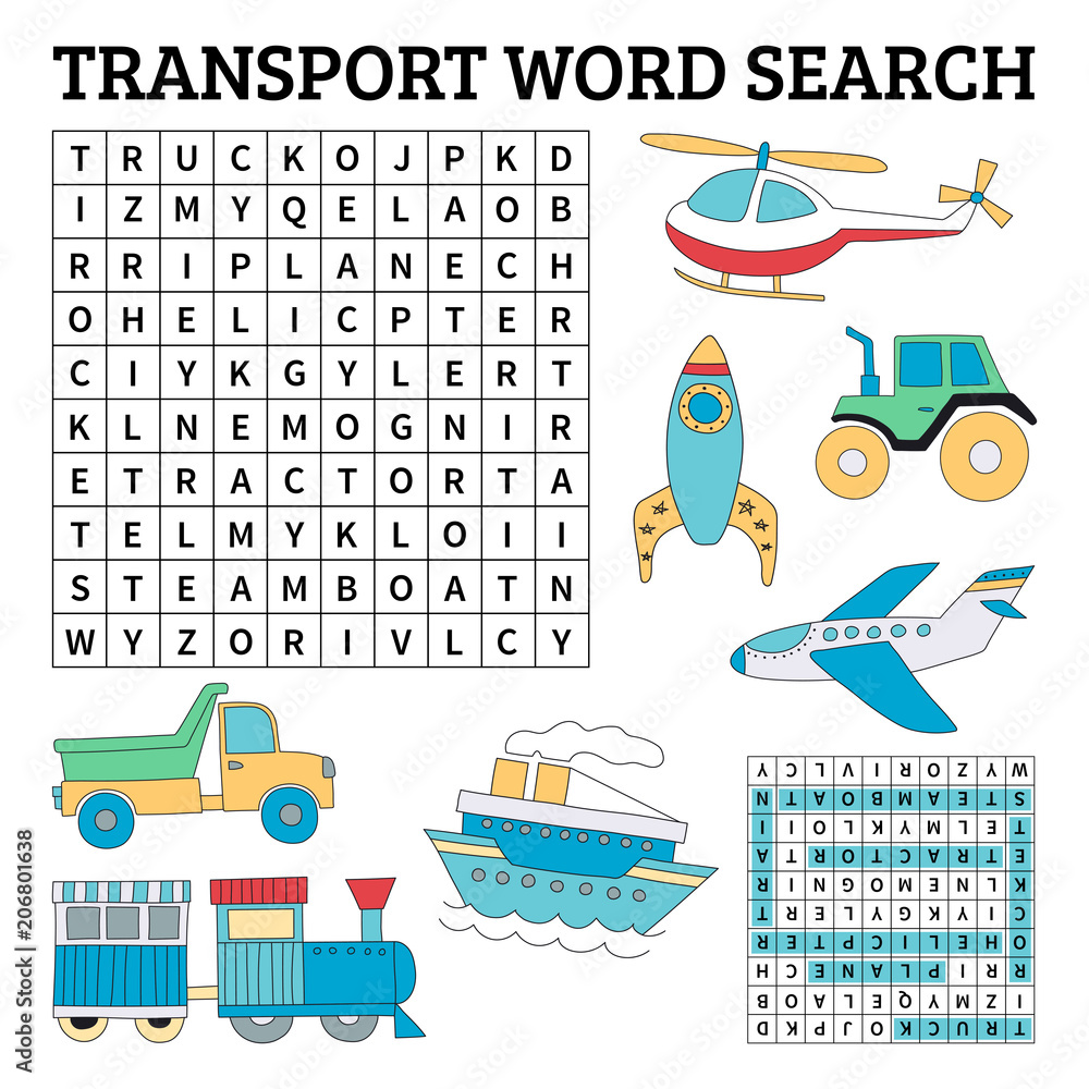 Transport word search game for kids Stock Vector | Adobe Stock