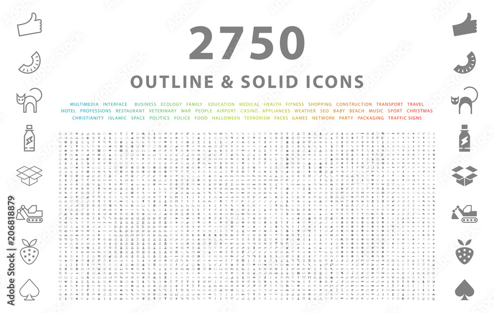 Set of 2750 Outline and Solid Icons on White Background . Vector ...