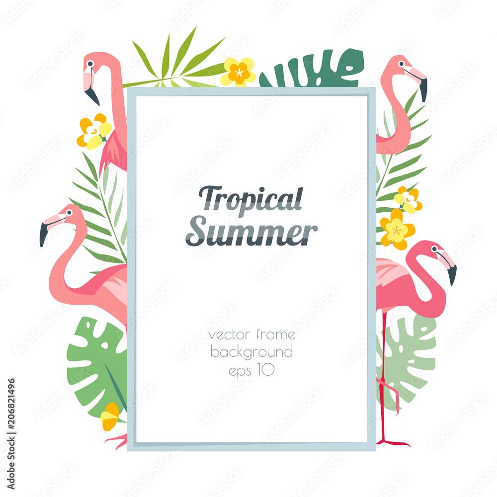 Tropical frame with beautiful pink flamingo and exotic palm leaves ...
