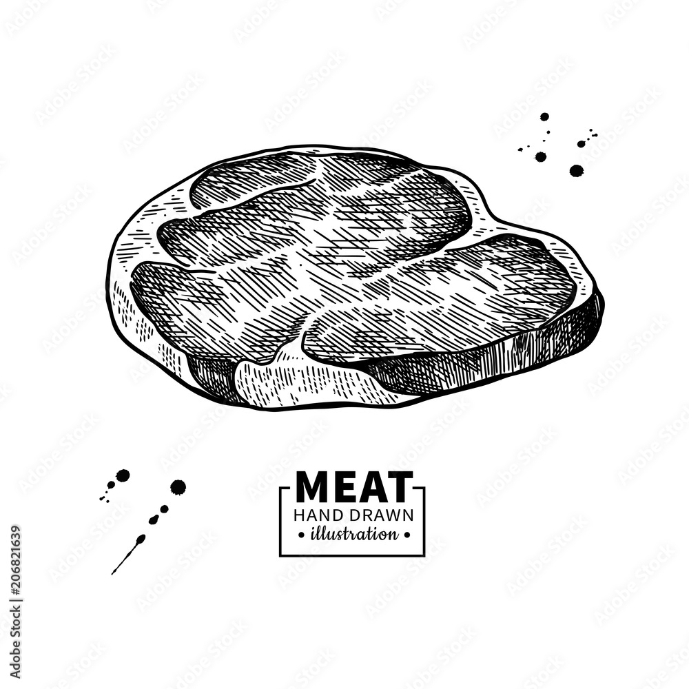 Raw beef steak vector drawing. Red meat hand drawn sketch. Engraved ...