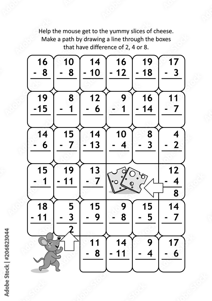 Math maze with subtraction facts: Help the mouse get to the yummy ...