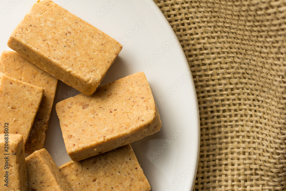 Pacoca is a candy with peanuts from Brazil. Sweet food of Festa Junina ...