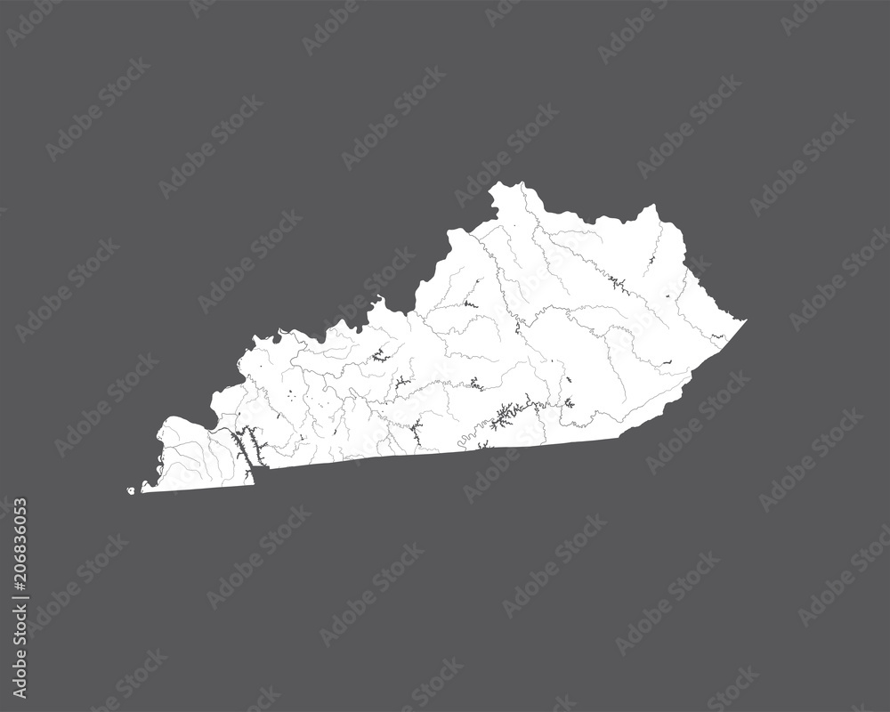U.S. states - map of Kentucky. Hand made. Rivers and lakes are shown ...