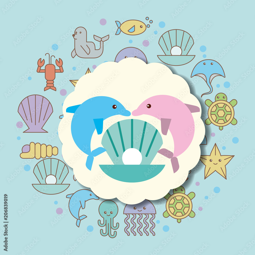 dolphins and clam pearl sea life cartoon animals label vector illustration Stock Vector | Adobe ...