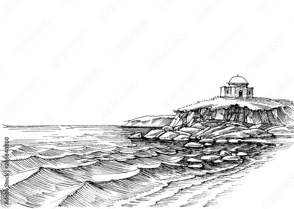 Rocky sea shore and empty sand beach hand drawing. Nature wallpaper ...