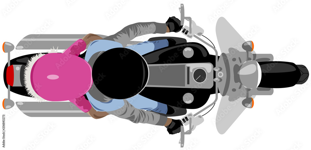 Classic cruise motorcycle with rider and girl passenger top view ...