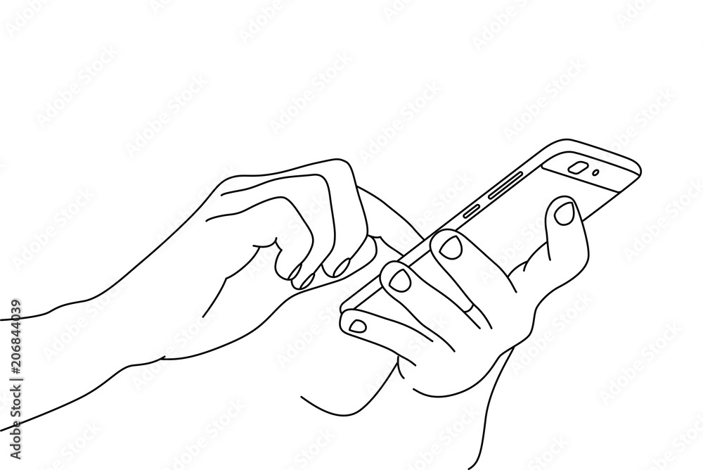 Hand drawing of two hands using a smartphone mobile device Stock Vector ...