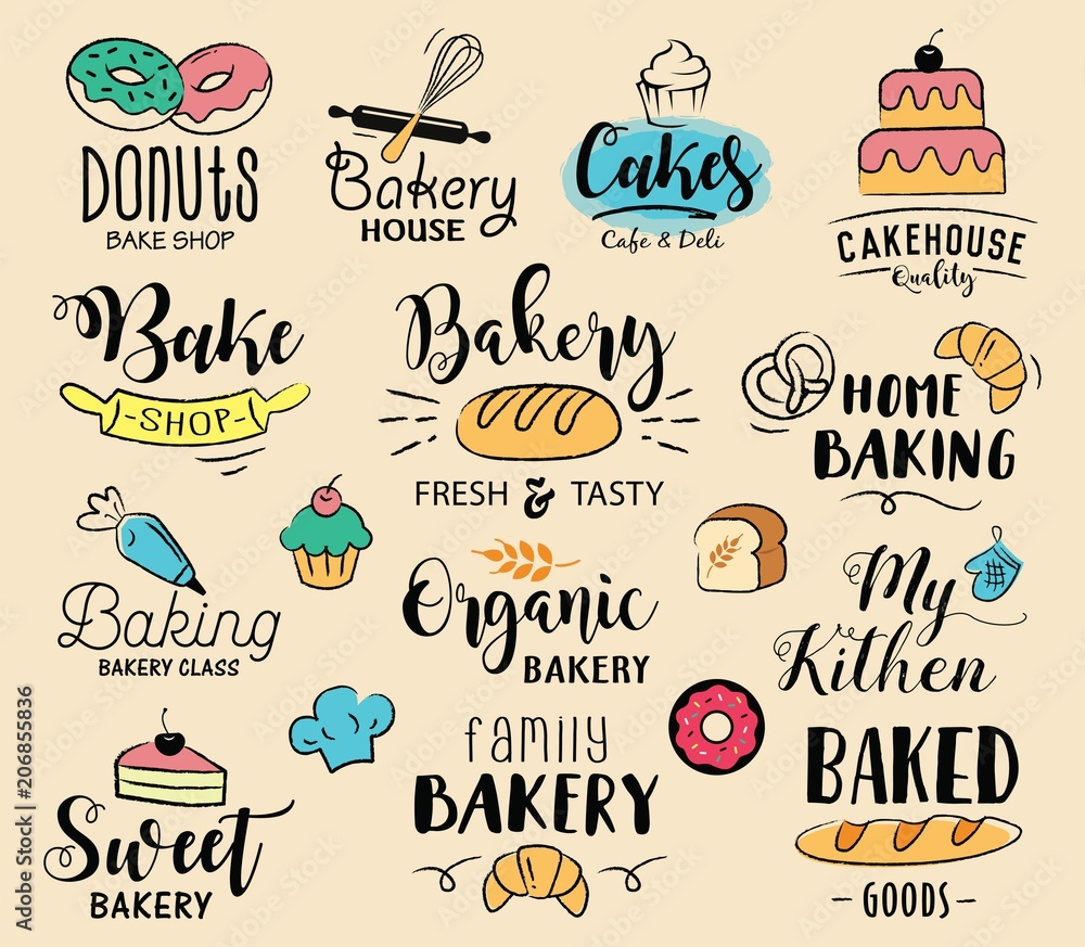 Bakery labels, logos, hand drawn tags and elements set for bakery shop ...