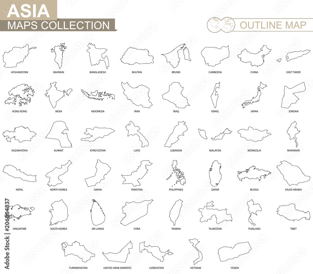 Outline maps of Asian countries collection. Stock Vector | Adobe Stock