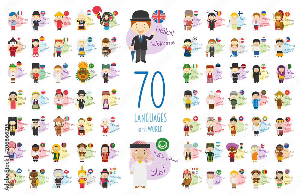 Vector illustration of cartoon characters saying hello and welcome in ...