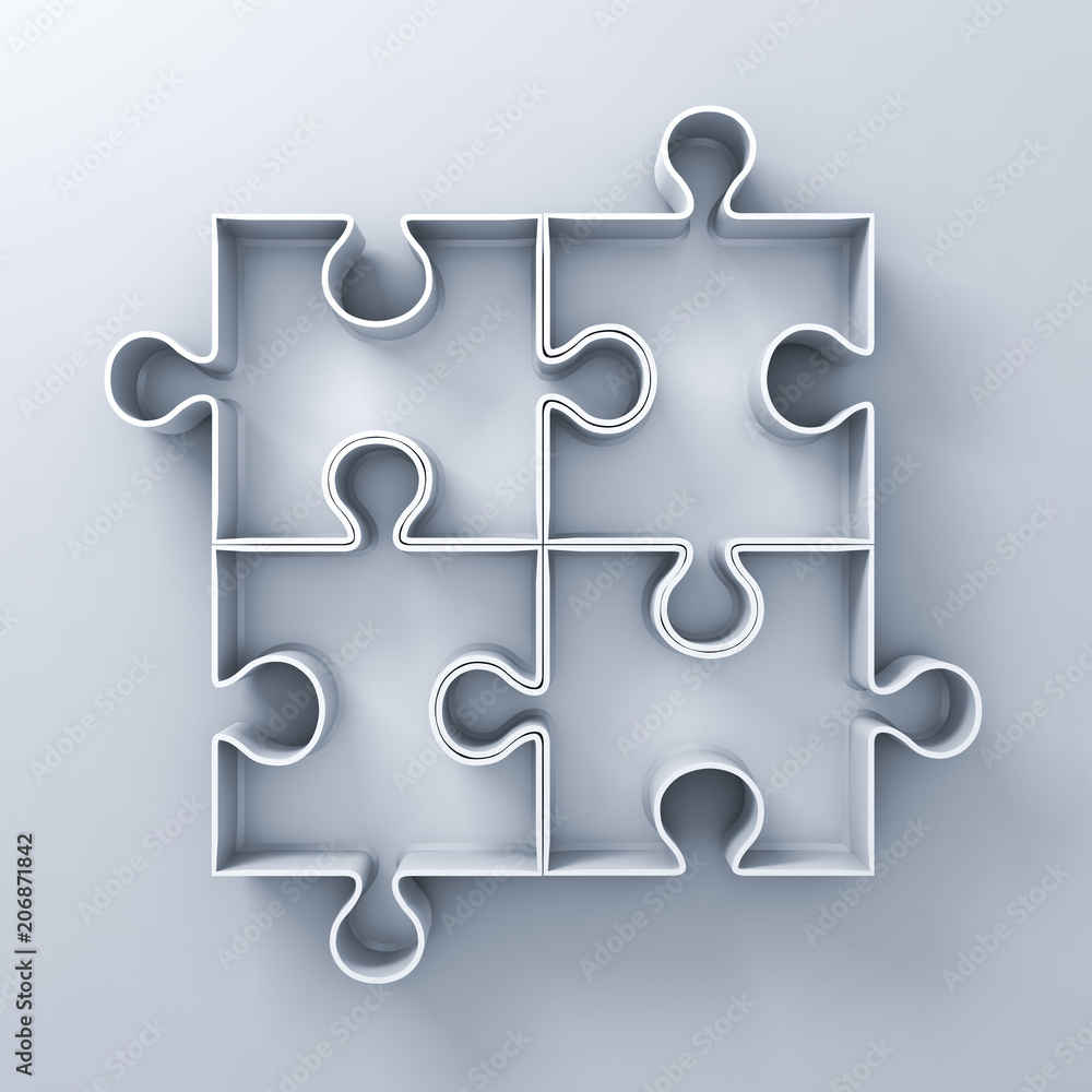 White jigsaw puzzle boxes on white wall background with shadow. 3D ...