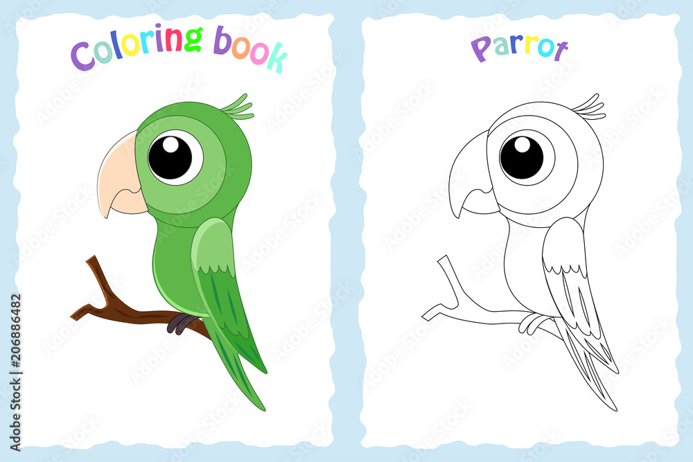Coloring book page for children with colorful parrot and sketc Stock ...