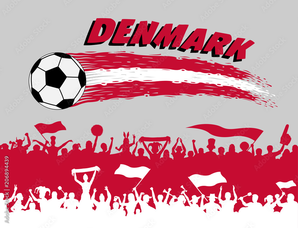Denmark flag colors with soccer ball and Danish supporters silhouettes ...