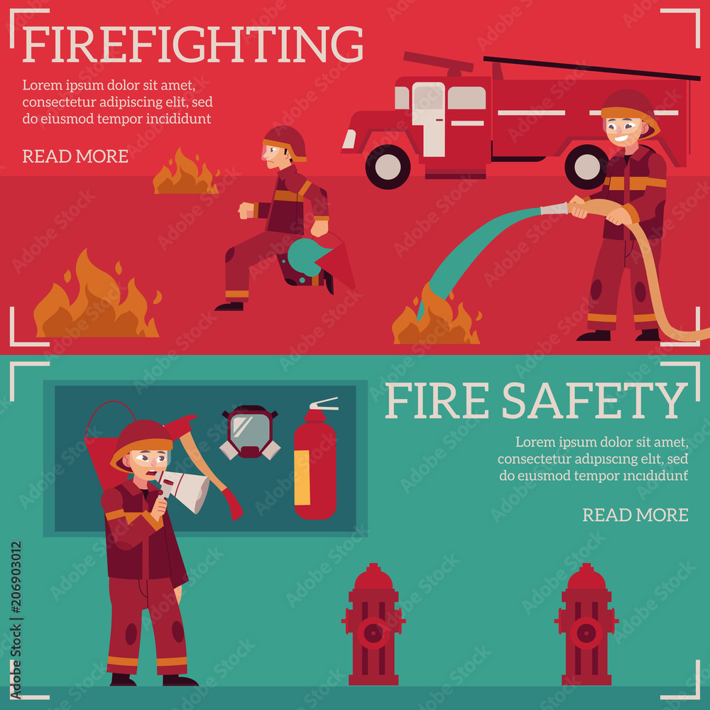 Firefighting and fire safety concept banners set. Fireman in fire ...