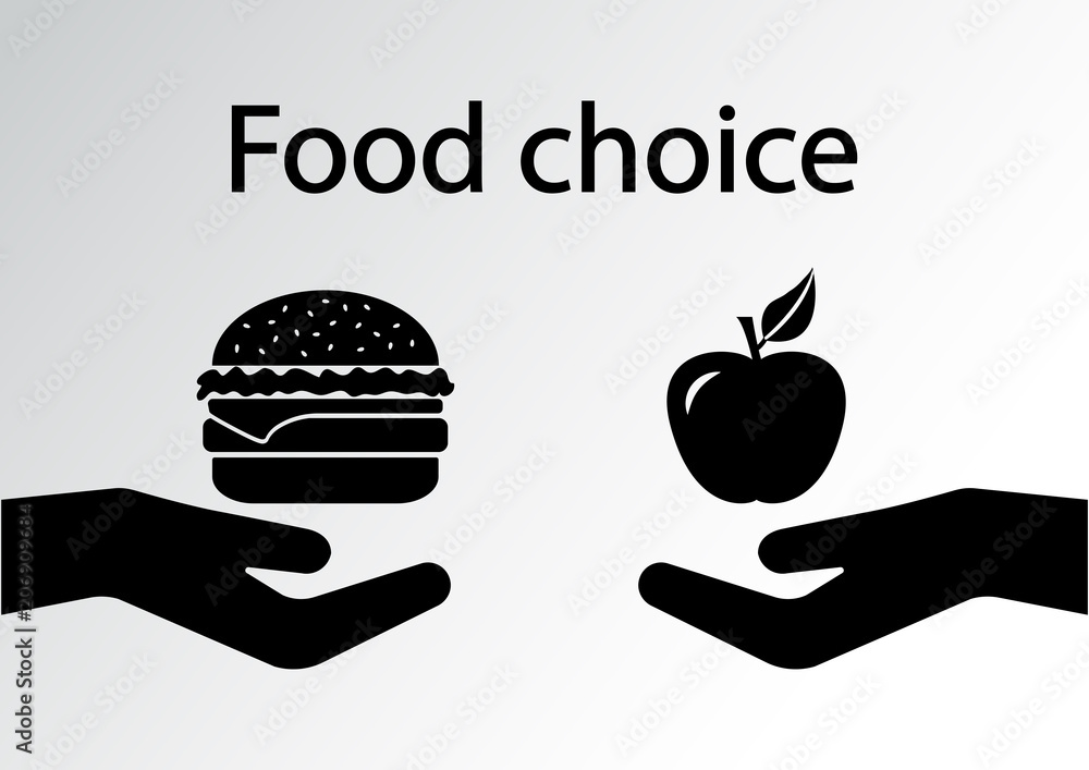 Food choice. Food choice. Healthy and junk eating. Black silhouette ...