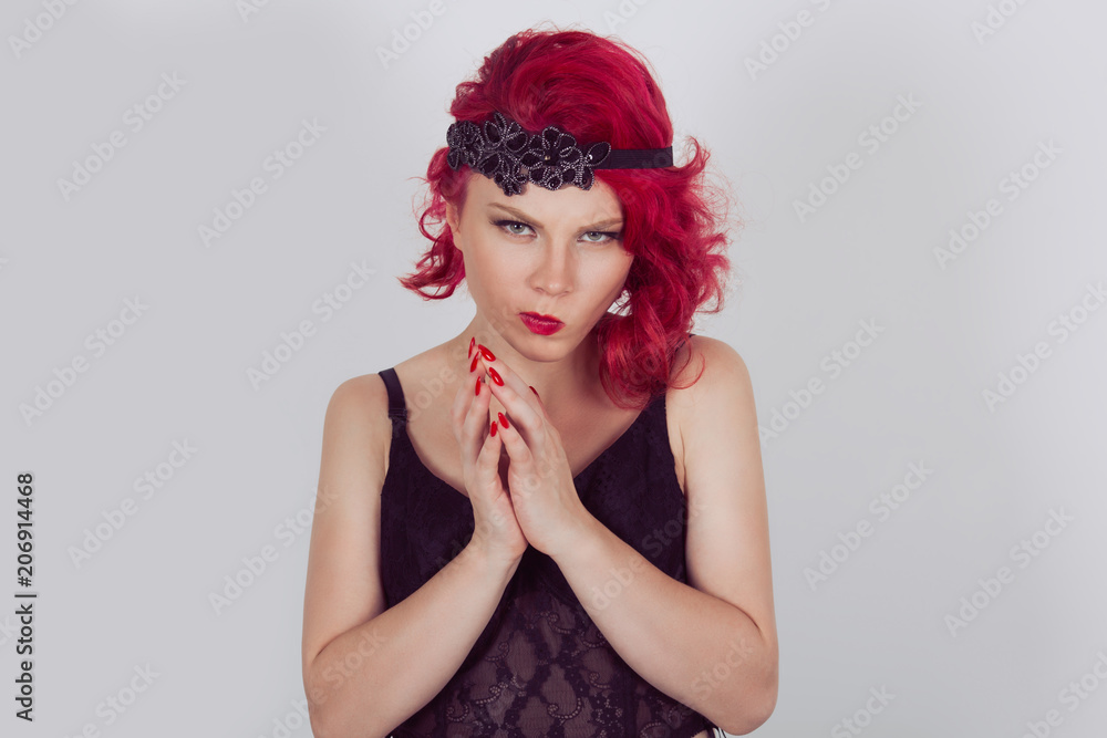 sneaky, sly, scheming young retro hair style woman plots something ...