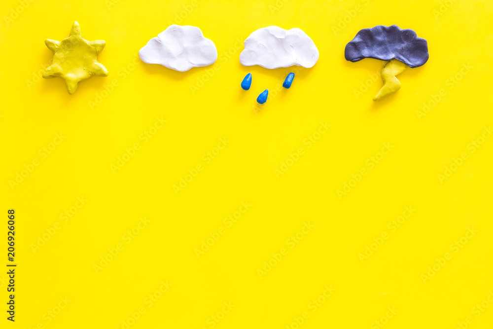Weather forecast concept. Modern weather icons set on yellow background ...