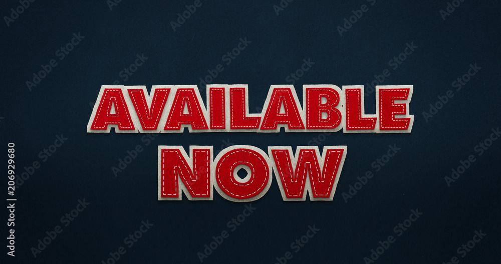 Available now. Red words on dark blue background with felt texture ...