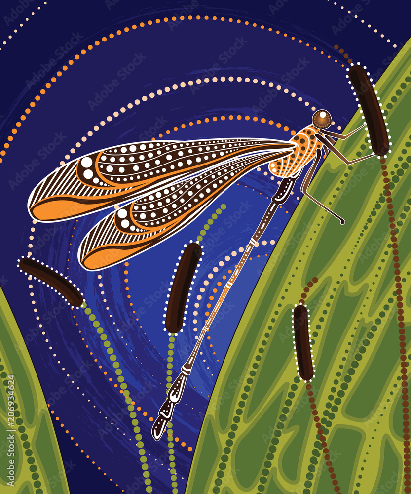Dragonfly on cattails aboriginal art vector painting. Stock Vector ...