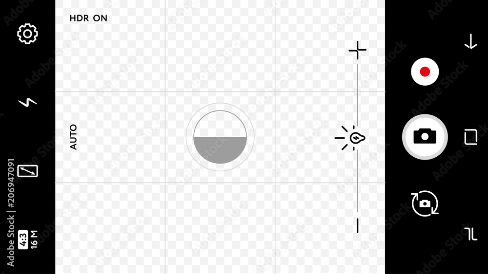 Modern camera focusing screen with exposure, zoom zone and options ...
