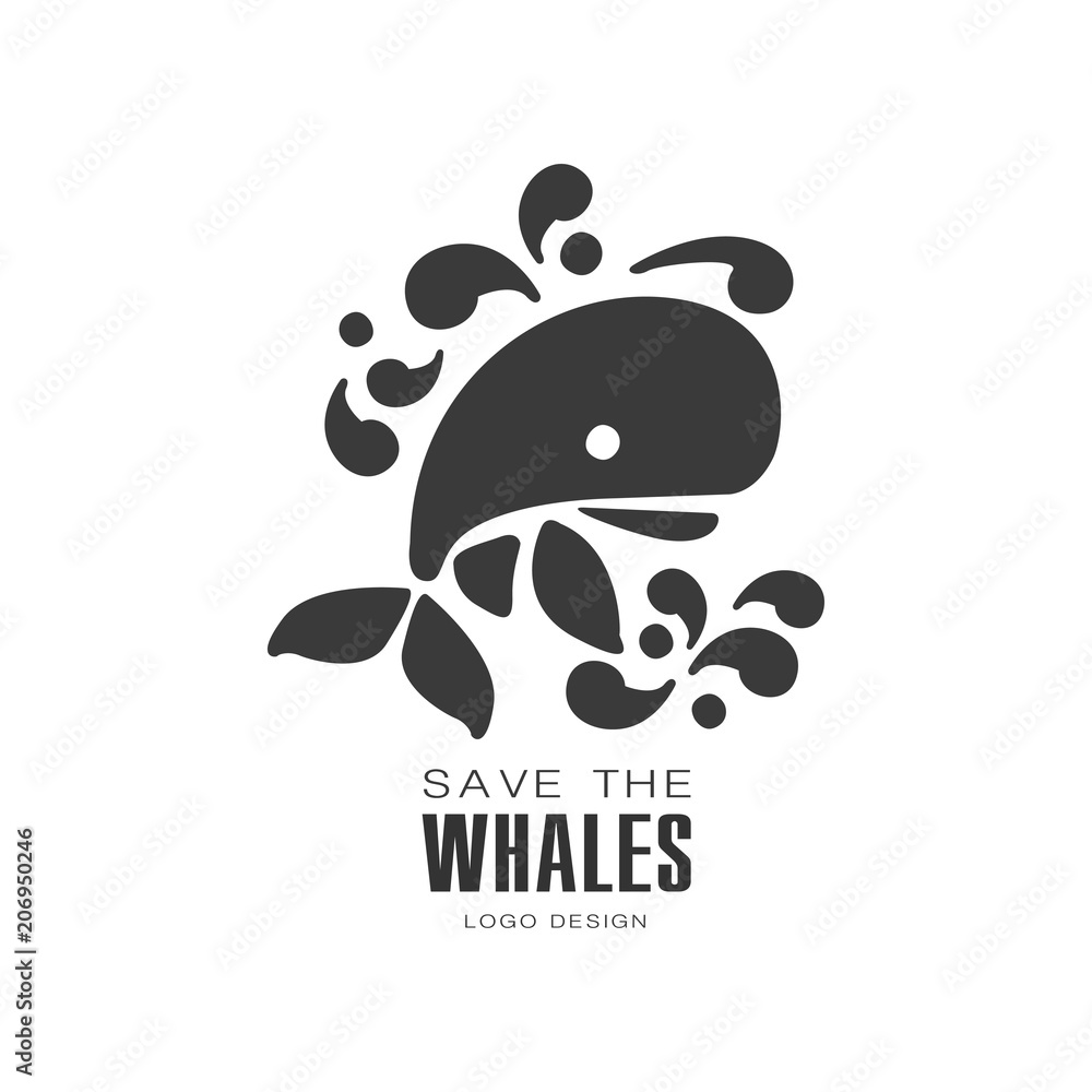Save the whales logo design, protection of wild animal black and white ...