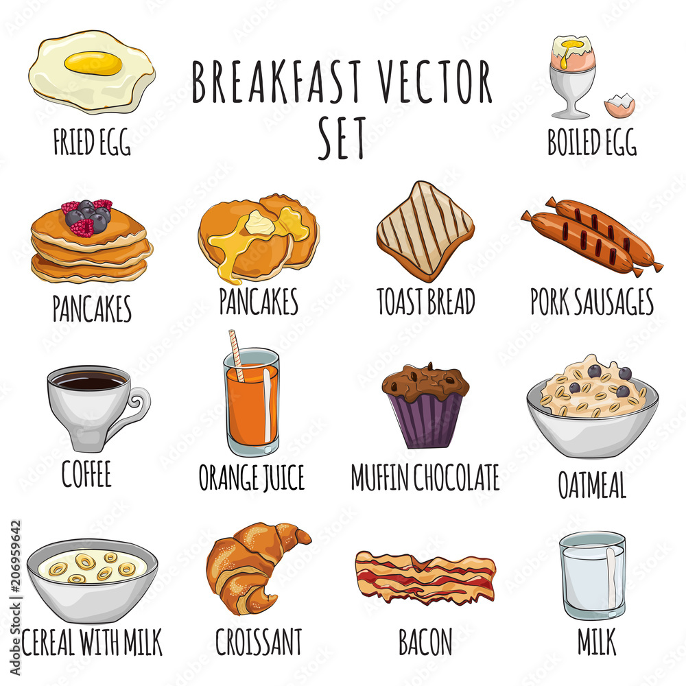 Breakfast cartoon vector set: fried and boiled eggs, coffee, toast ...