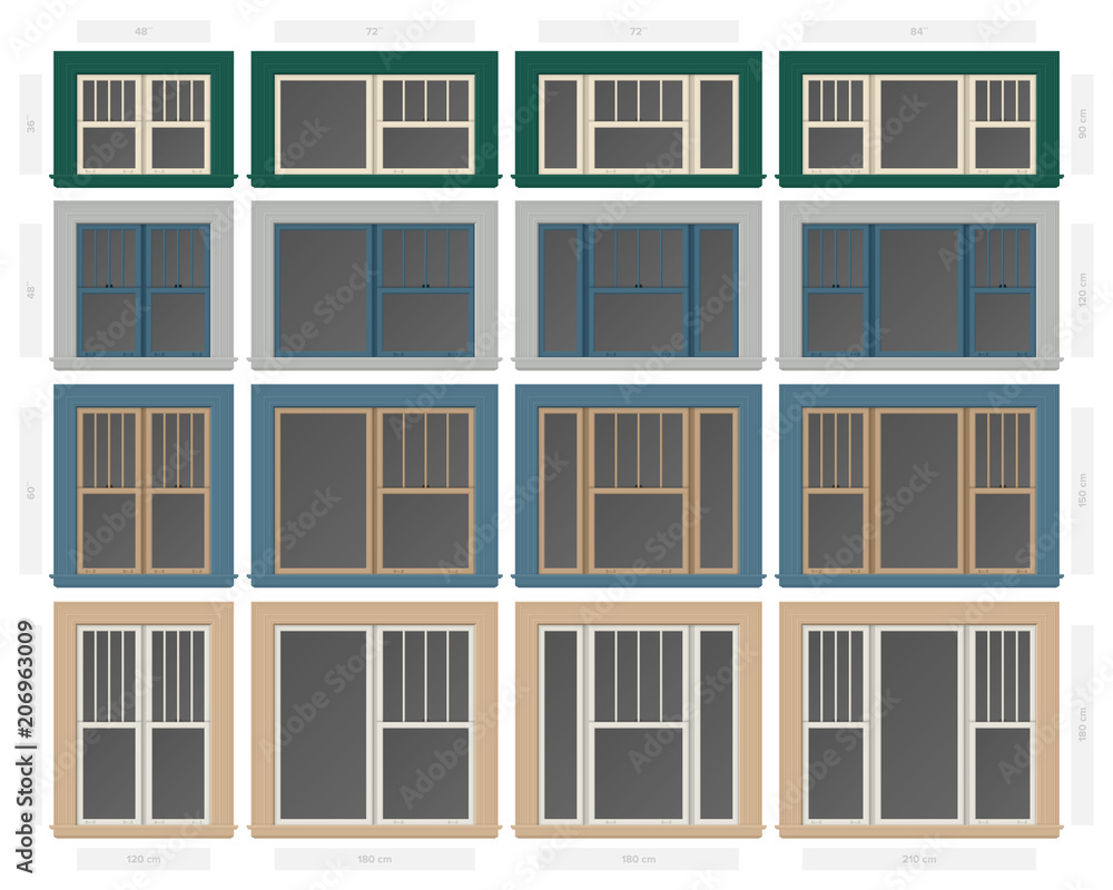 Vector single hung four vertical section composite window set in ...