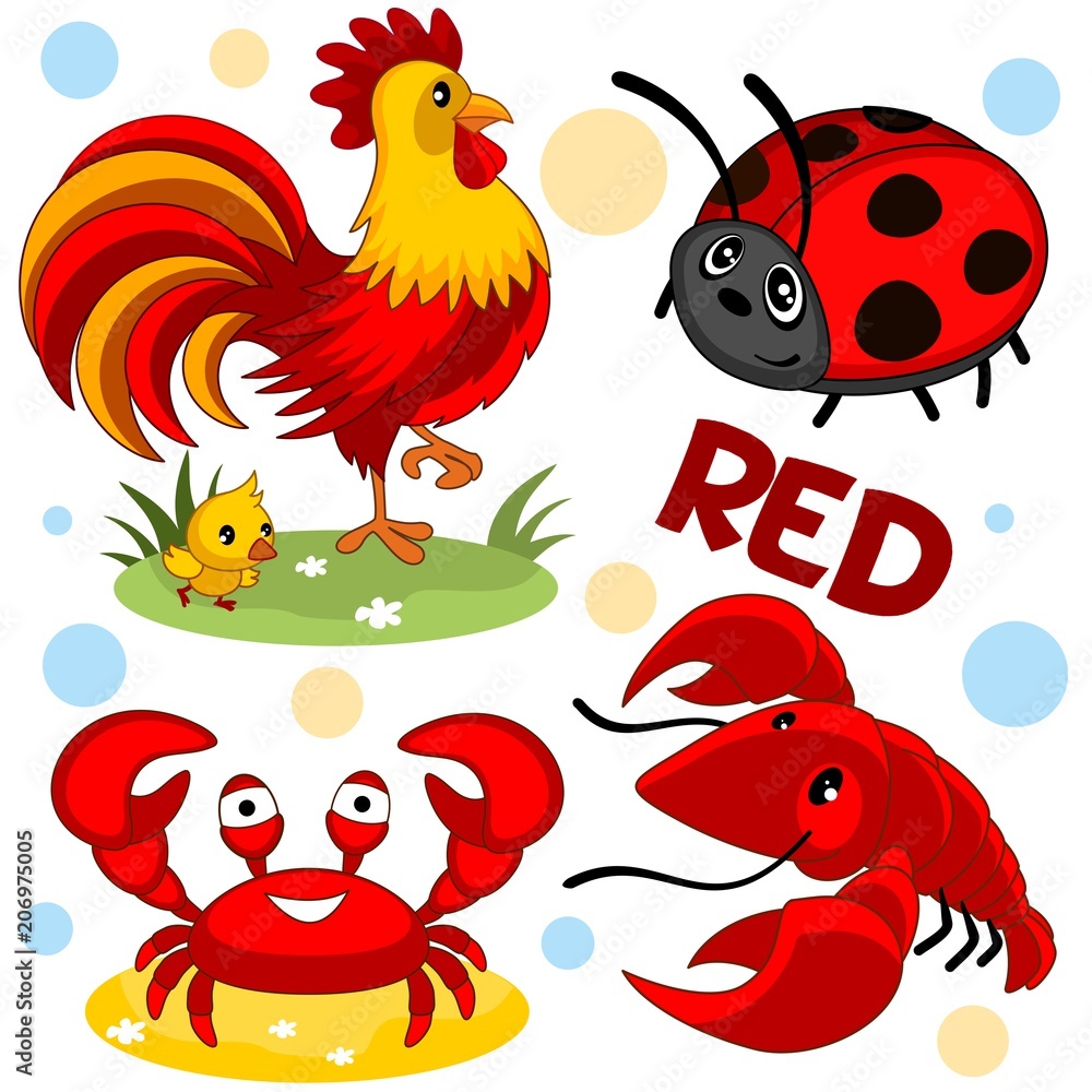 A set of wild and domestic animals and insects of red color for ...