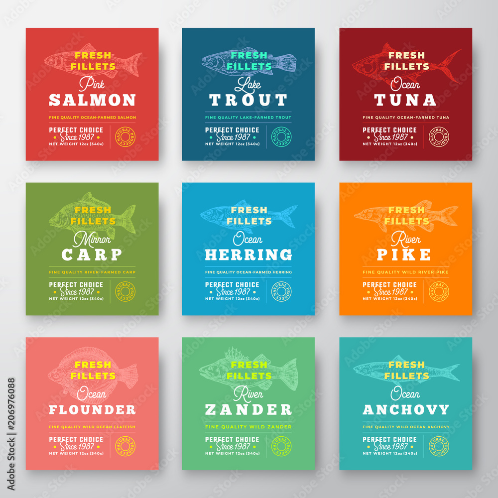 Fresh Fillets Premium Quality Labels Set. Abstract Vector Fish ...