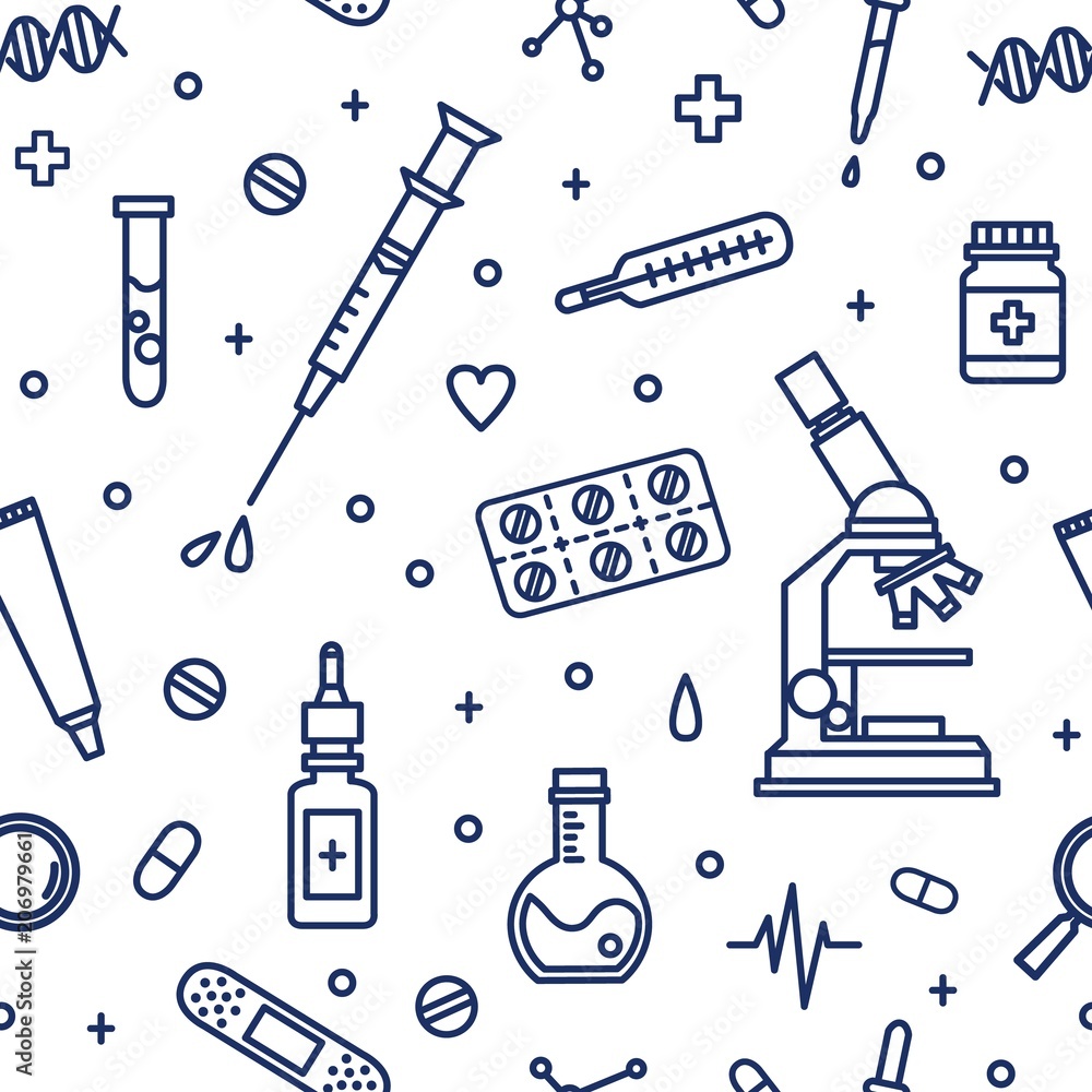 Seamless pattern with medical lab equipment. Backdrop with attributes ...