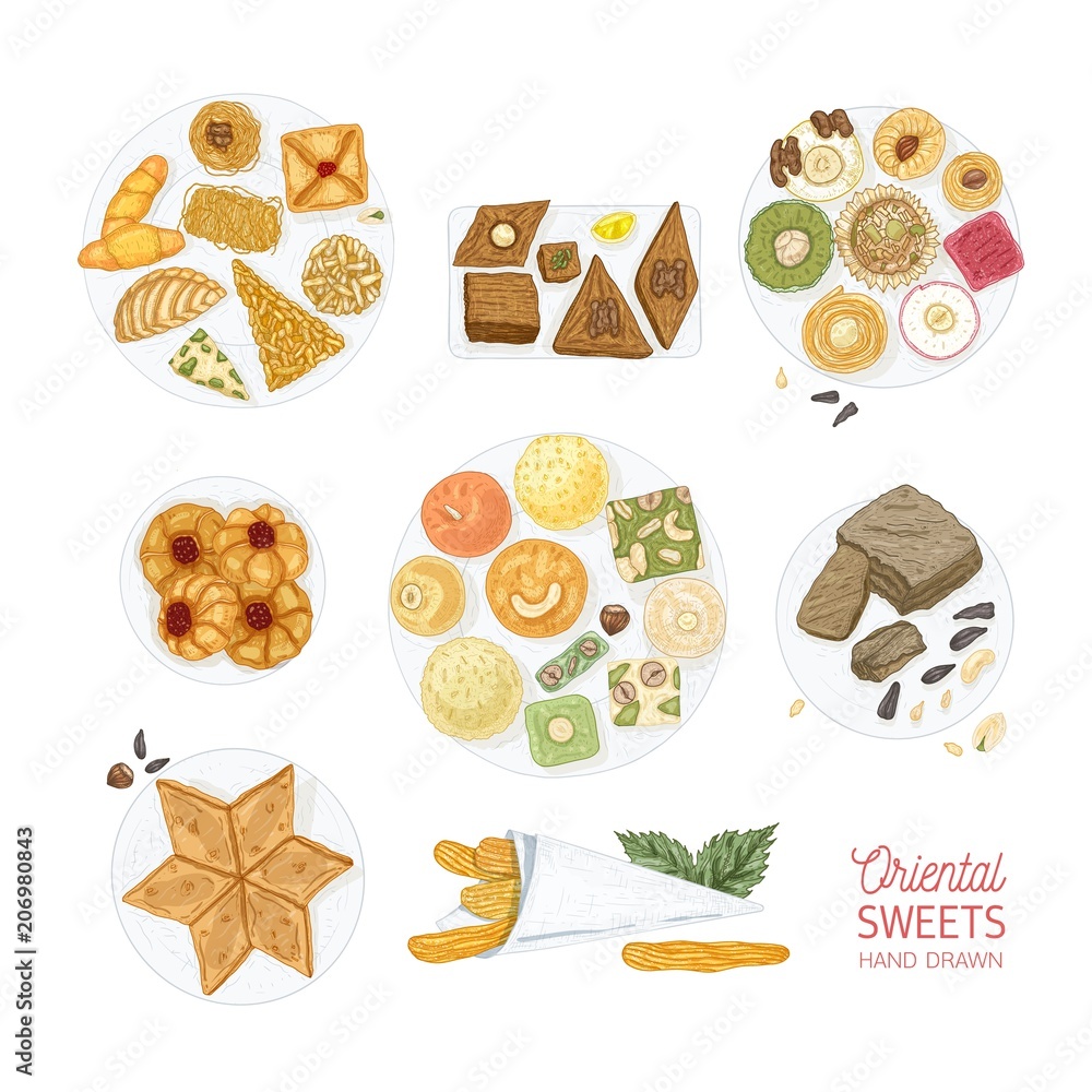 Collection of drawings of oriental sweets isolated on white background ...