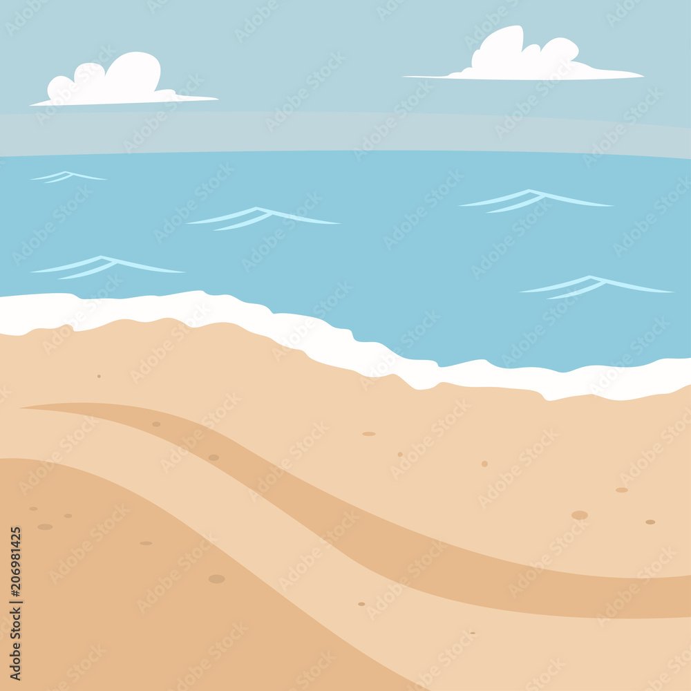 Summer background with beach and sea. Vector cartoon landscape ...
