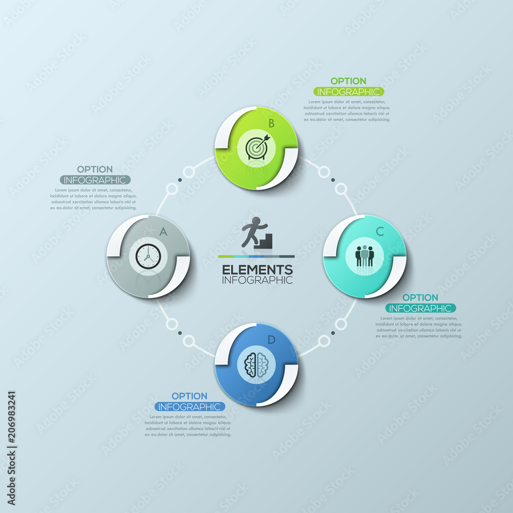 Circular diagram with 4 equal round elements connected by lines and ...