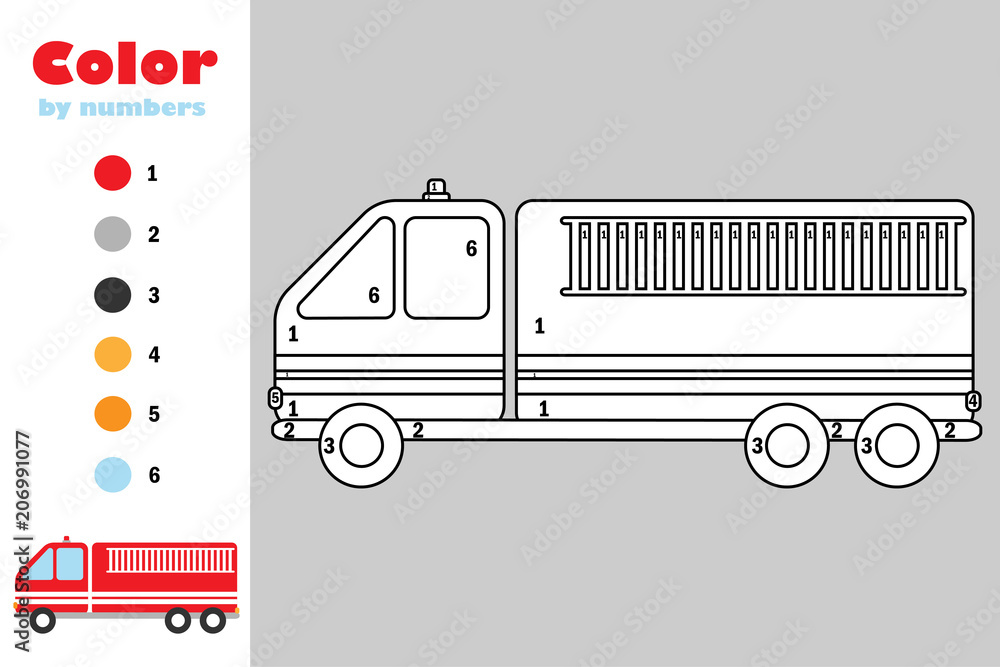 Fire truck in cartoon style, color by number, education paper game for ...