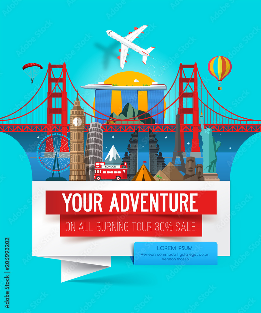 Adventure banner, Stylish trip banner with a set of places of interest ...