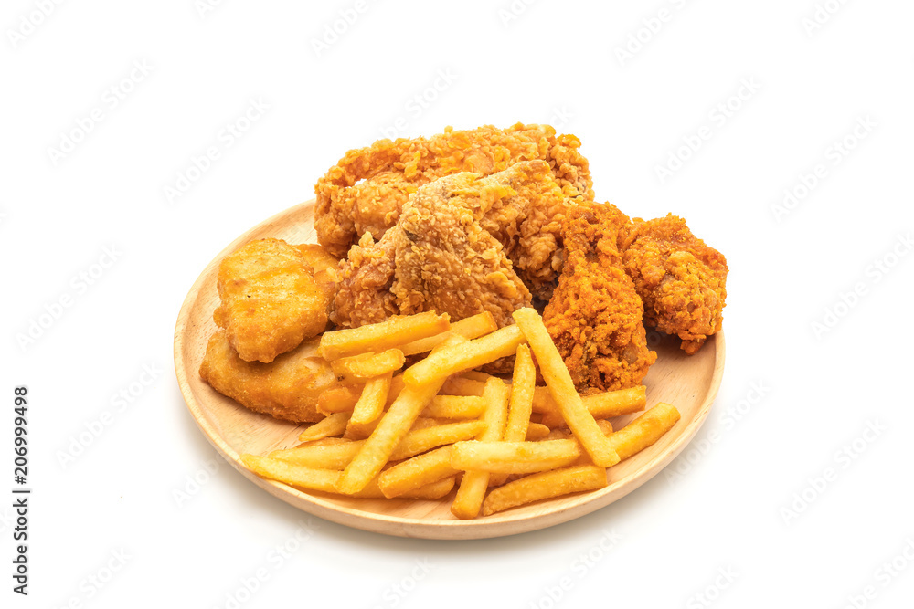 fried chicken with french fries and nuggets meal (junk food and ...