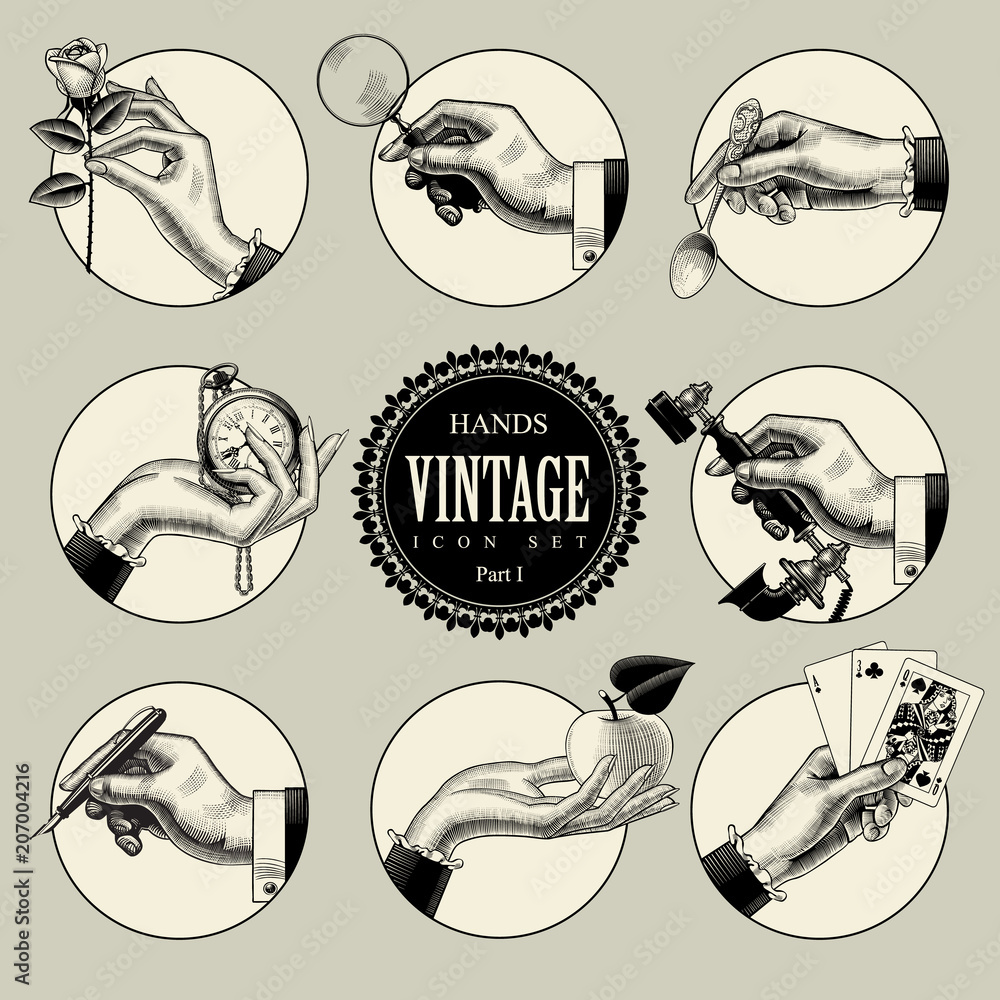 Set of round icons in vintage engraving style with hands and ...