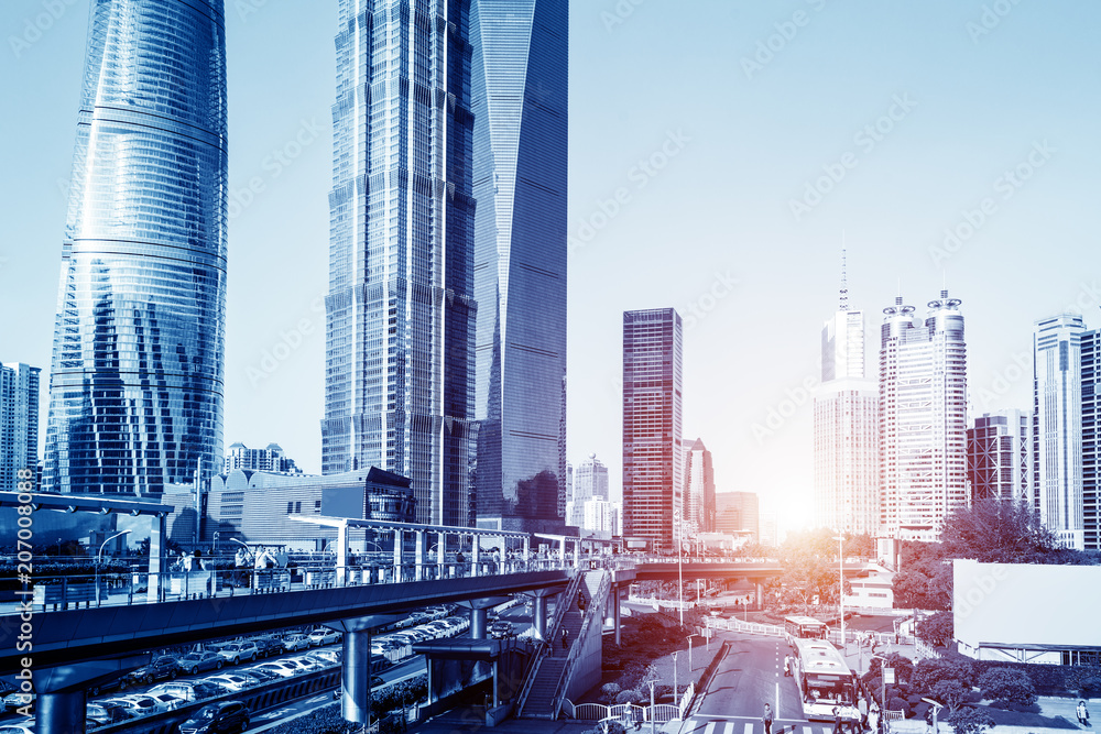 Aerial view of Shanghai's high density central business area. High rise ...