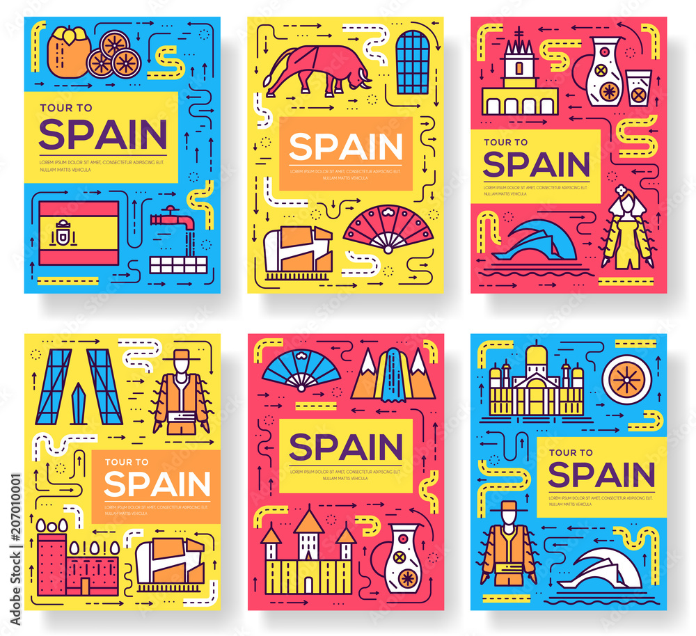 Spain vector brochure cards thin line set. Country travel template of ...
