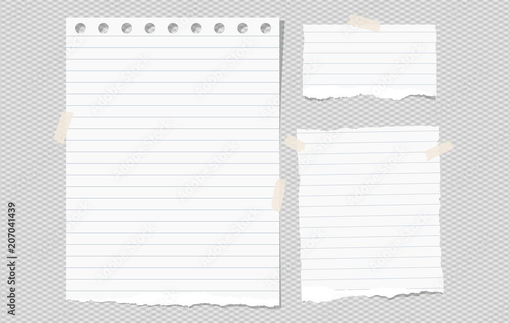 White lined torn note, notebook paper pieces for text stuck on gray ...