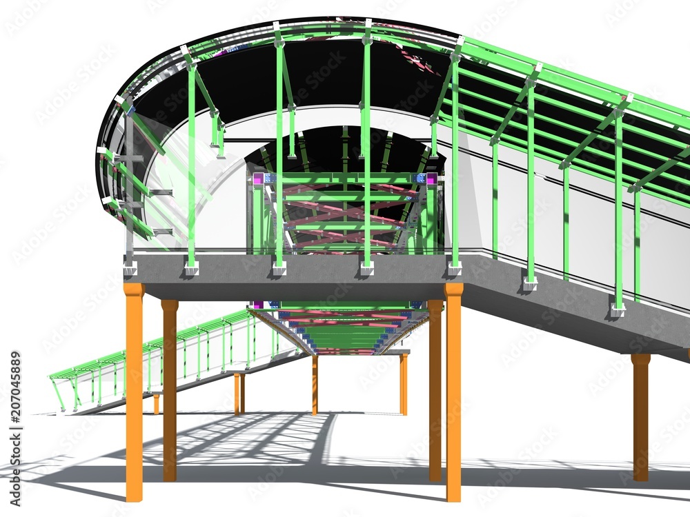 Modern elevated pedestrian crossing of glass and metal. 3D rendering ...