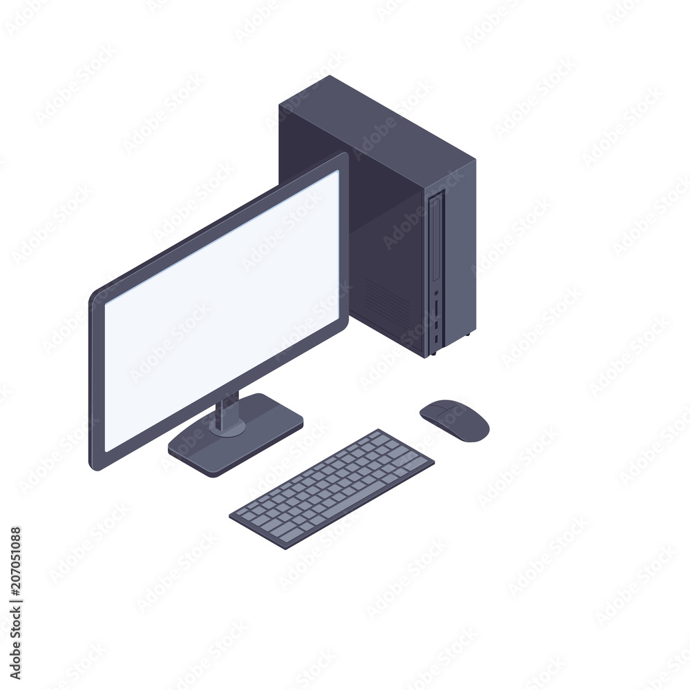 Isometric desktop computer with keyboard, mouse, system unit and blank ...