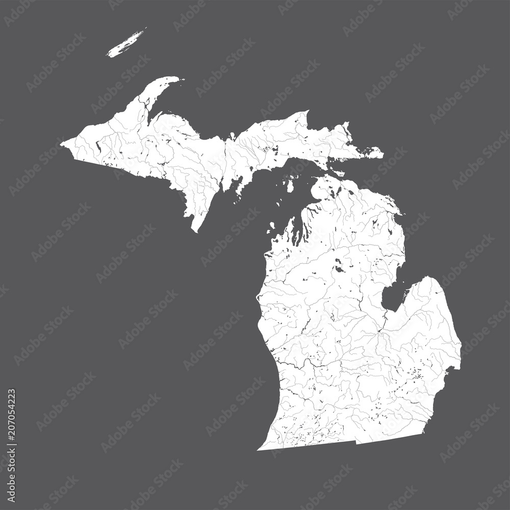 U.S. states - map of Michigan. Rivers and lakes are shown. Please look ...