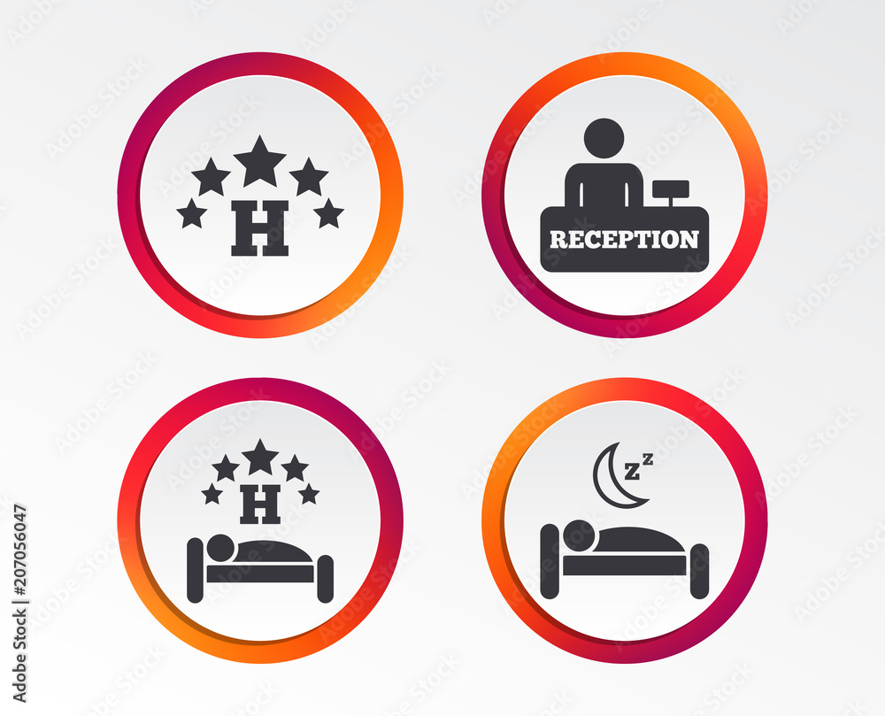 Five stars hotel icons. Travel rest place symbols. Human sleep in bed ...