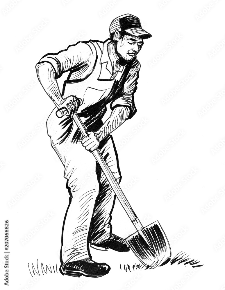 Ink black and white drawing of a farmer digging with a shovel Stock ...