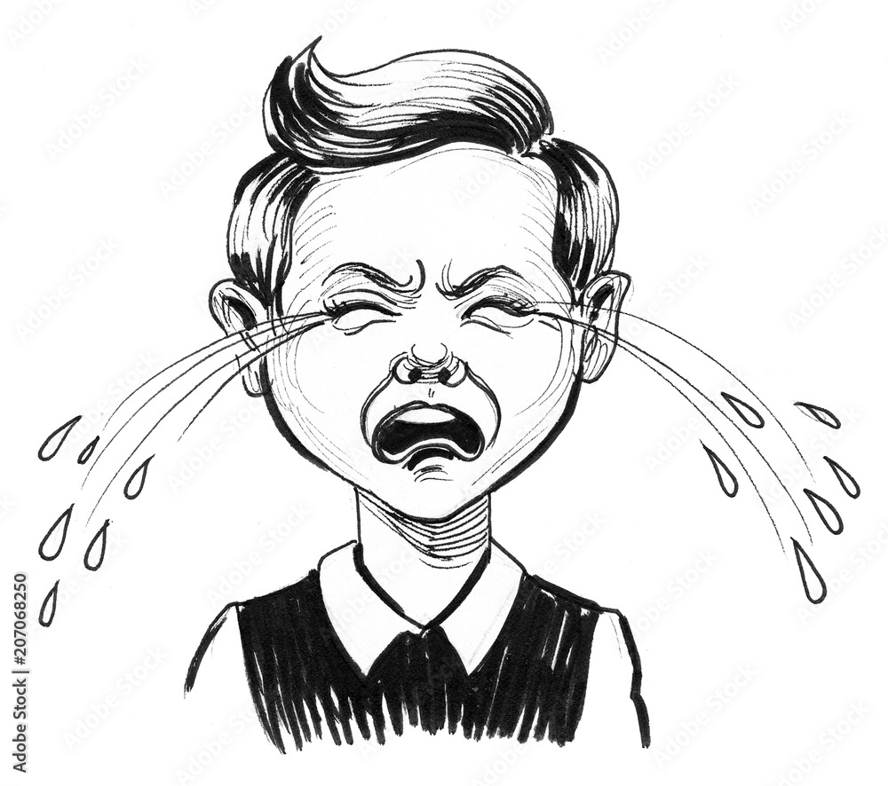 Crying boy. Ink black and white drawing Stock Illustration | Adobe Stock