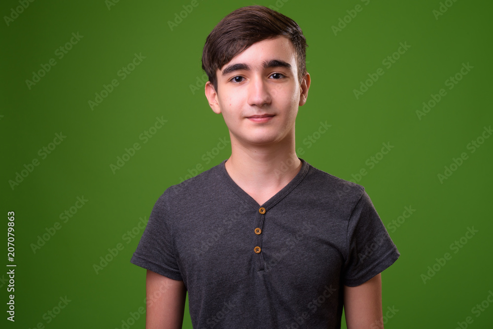 Young handsome Iranian teenage boy against green background Stock Photo ...