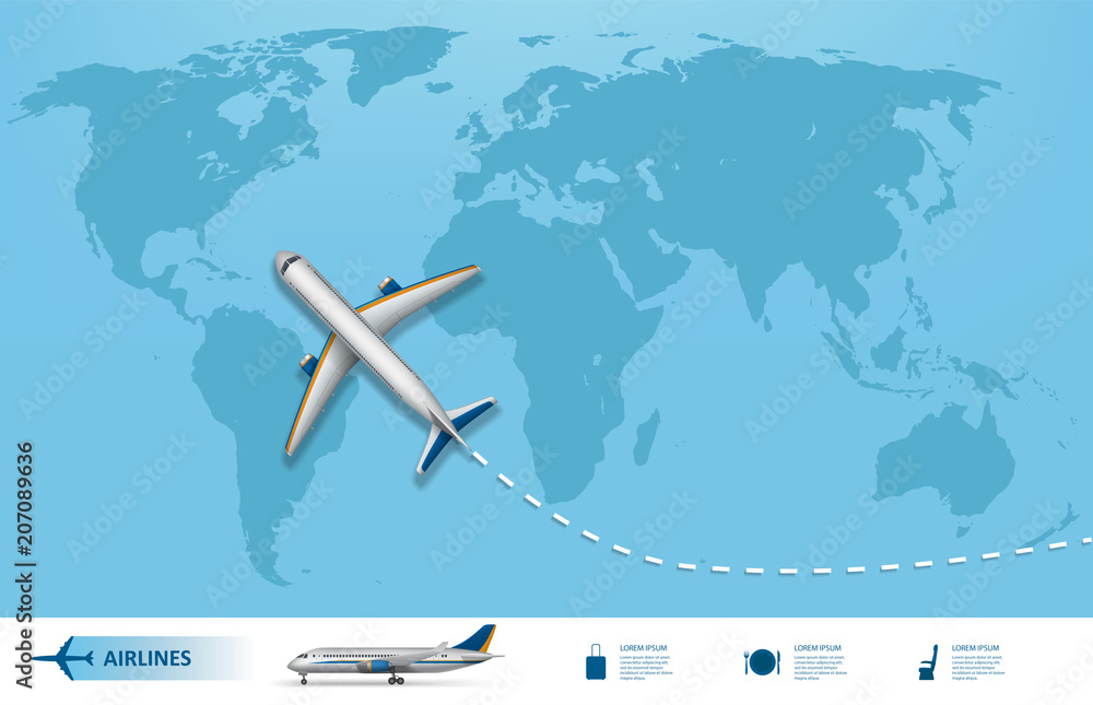Business trip banner with Airplane and world map background. Realistic ...