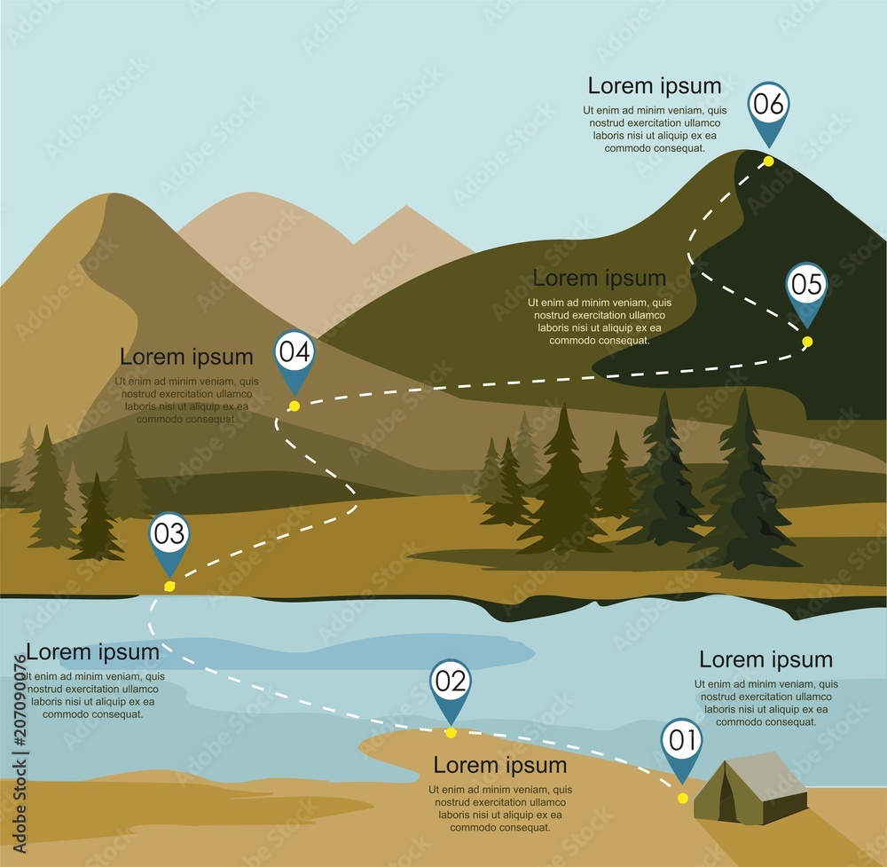 Layers of mountain landscape with fir forest and river. Tourism route ...